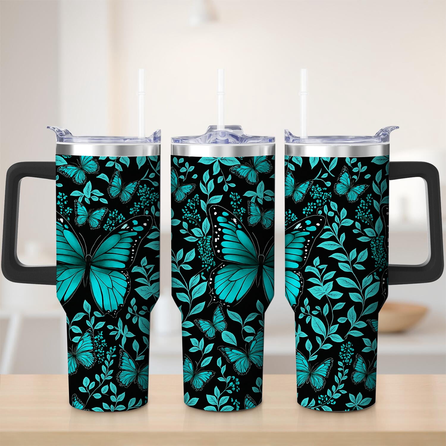 Blue Butterfly Black Floral Stainless Steel Tumbler, 40oz - Walmart.com
