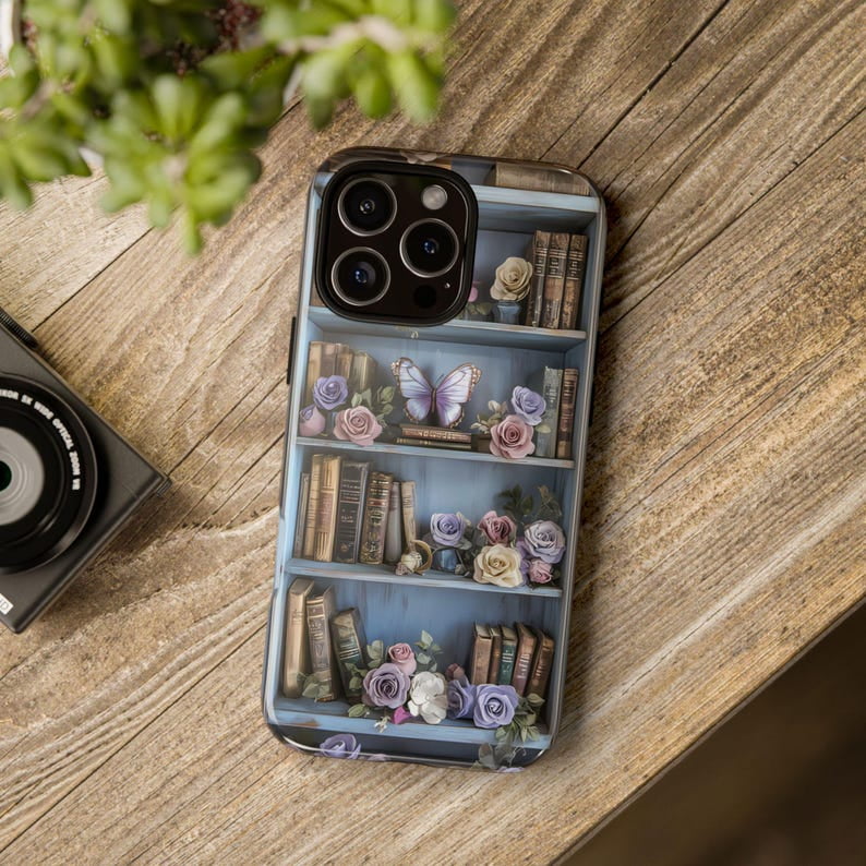 Blue Butterfly Bookshelf Phone Case for Book Lovers iPhone 11–17 Pro ...