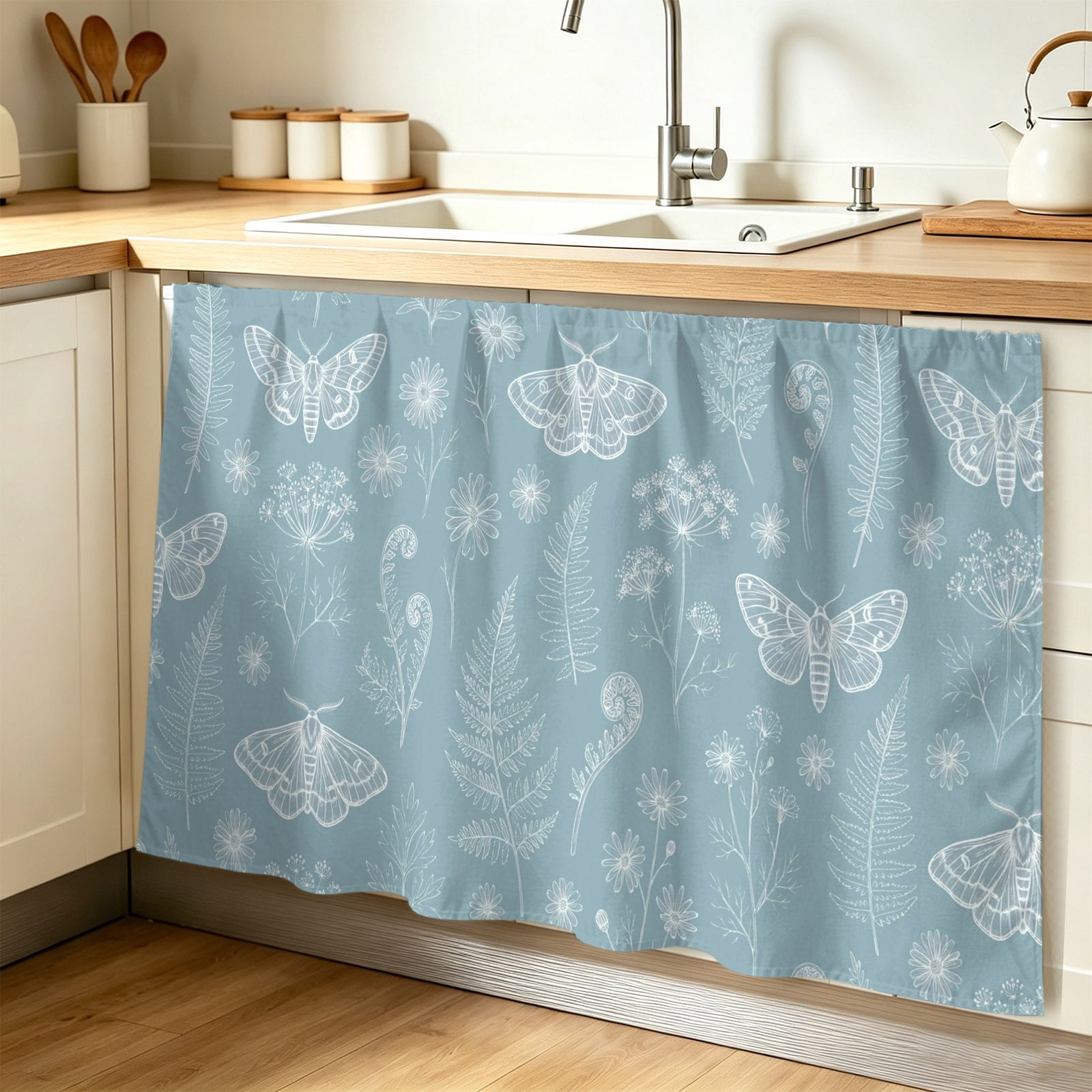 Blue Butterfly Botanical Cabinet Curtains for Shelves, Summer Plants ...