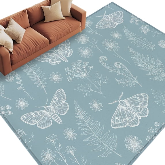 Blue Butterfly Botanical Washable Rug 5x7 Area Rugs for Living Room ...