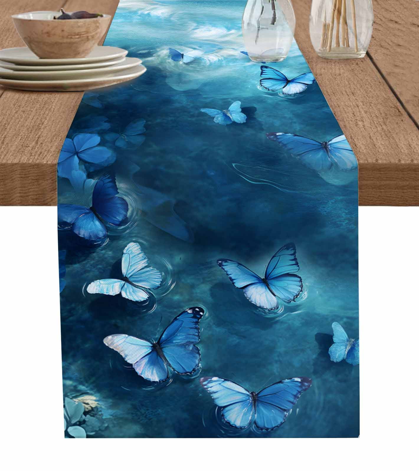 Blue Butterfly Burlap Cotton Table Runner 13x90 Inches Long, Modern ...