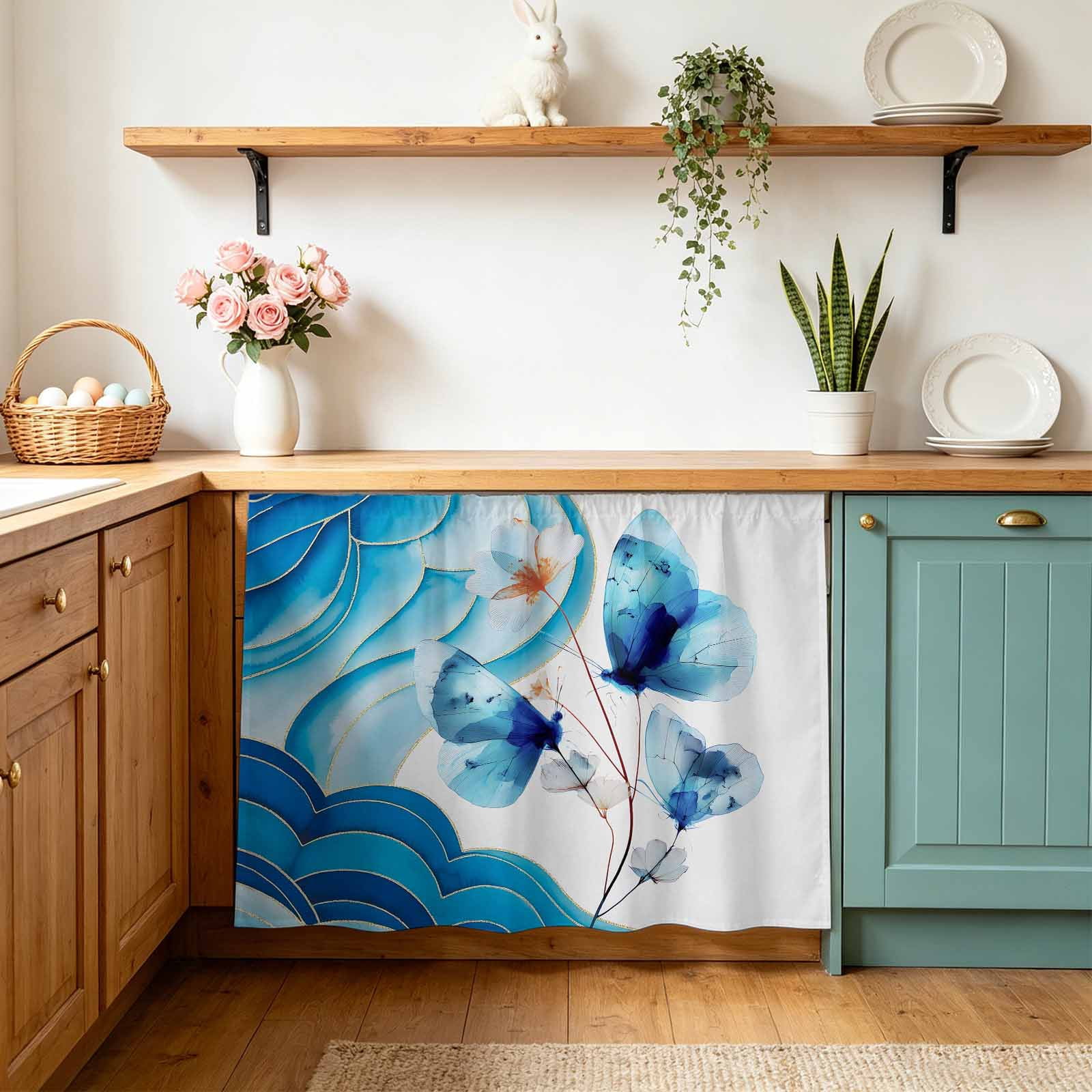 Blue Butterfly Cabinet Curtains 10" W x 11" L, Watercolor White Flowers ...