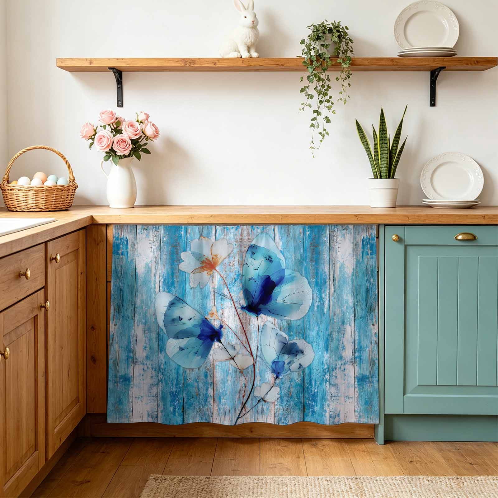 Blue Butterfly Cabinet Curtains 10" W x 11" L, Watercolor White Flowers ...