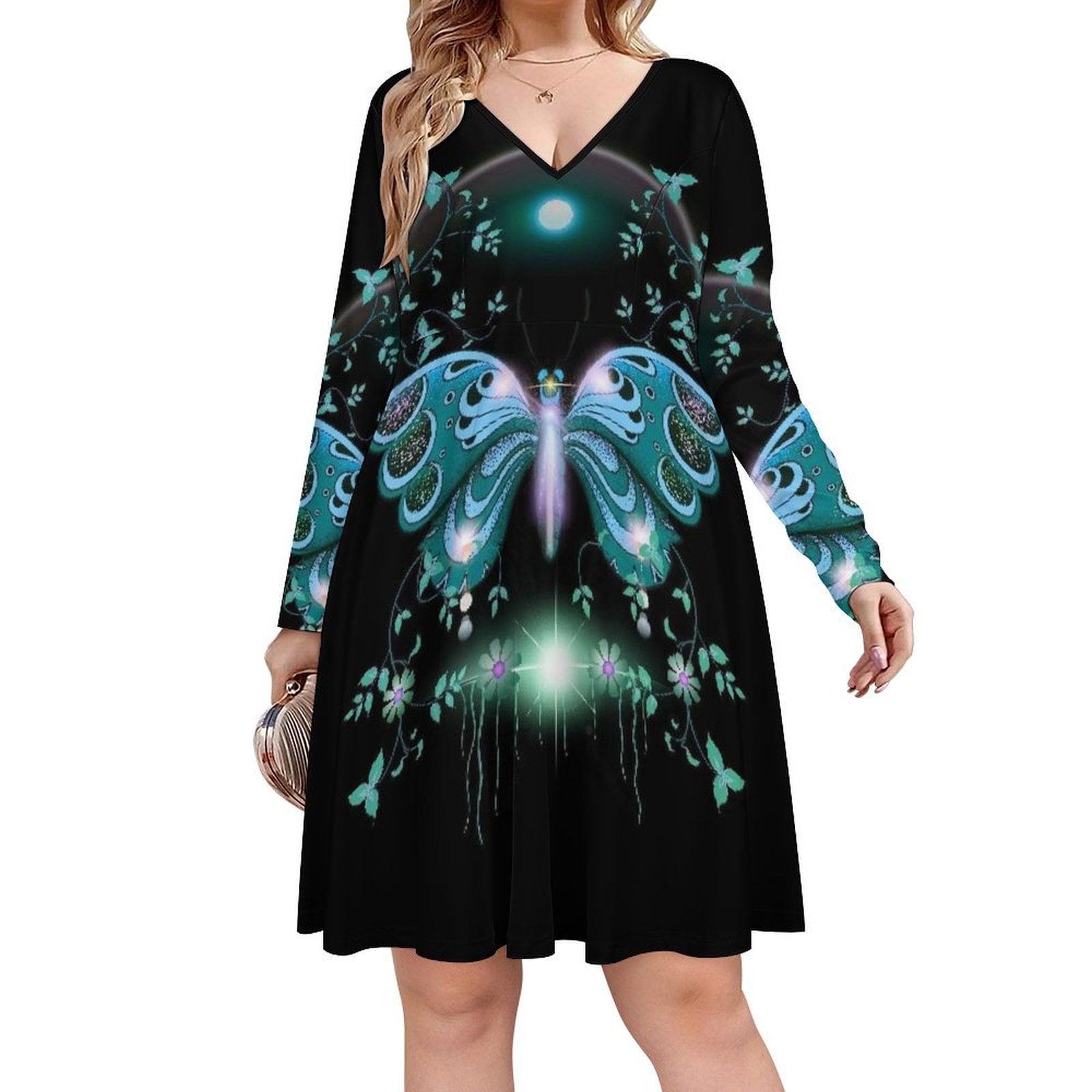 Blue Butterfly Checkerboard Long Sleeve Dresses For Women Vintage Elegant Party Dress Oversized ...