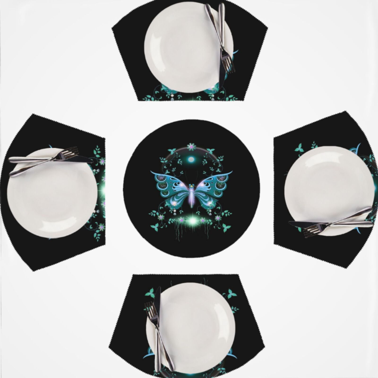 Blue Butterfly Checkerboard Round Table Placemats Set Of 5 Wedge Table ...
