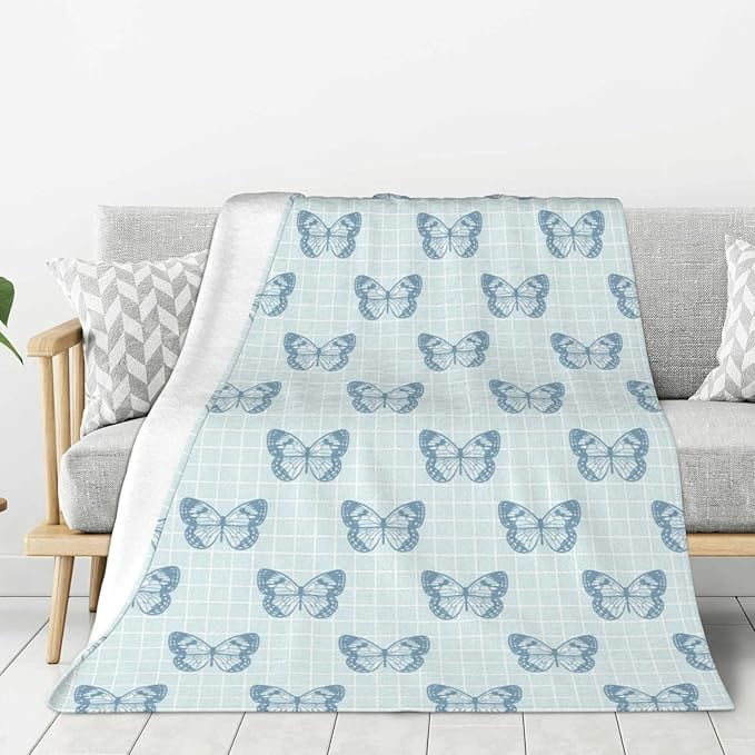 Blue Butterfly Checkered Throw Blanket For Couch Sofa Bed, Super Soft ...