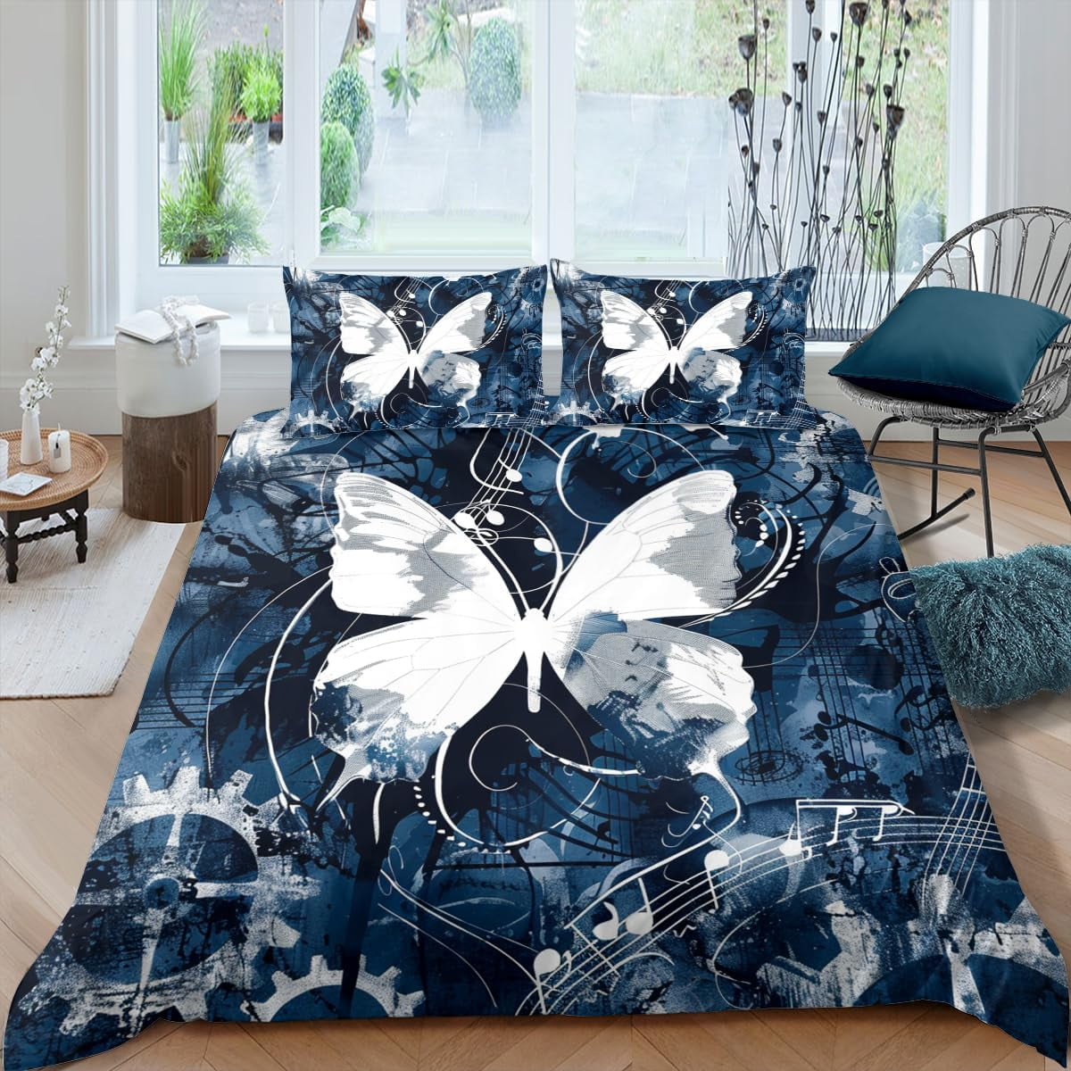 Blue Butterfly Comforter Cover Retro Lines Duvet Cover Vintage Stripes ...
