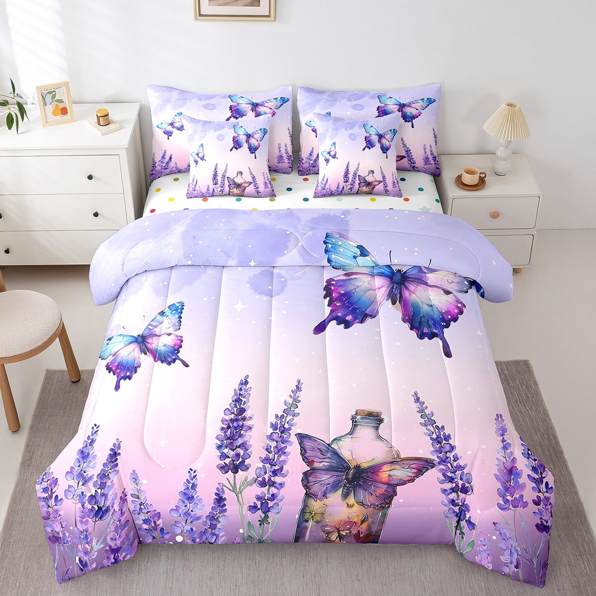 Blue Butterfly Comforter Set 7 Piece Bed in a Bag Twin,Light Purple ...