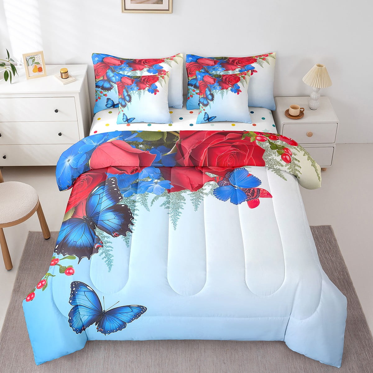 Blue Butterfly Comforter Set 7 Piece Bed in a Bag Twin,Red Rose Bedding ...