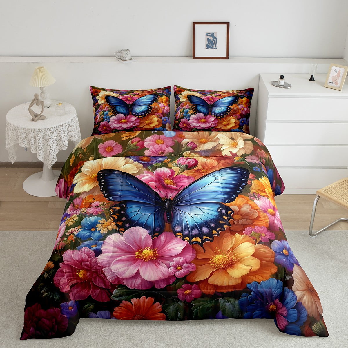Blue Butterfly Comforter Set Full Size,Watercolor Daisy Blooming ...
