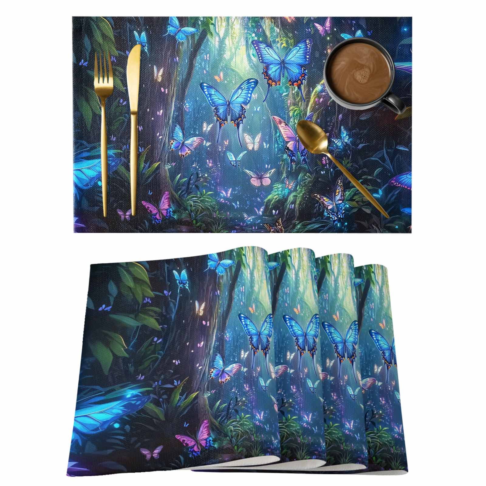 Blue Butterfly Cotton Linen Placemats Set of 12, Dream Flower Forest ...