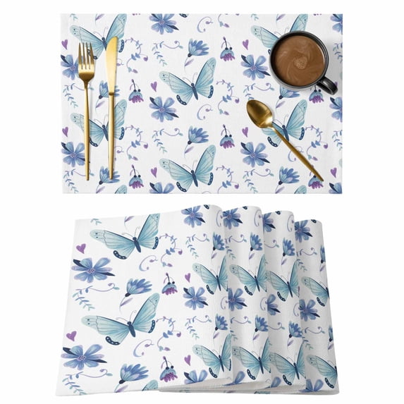 Blue Butterfly Cotton Linen Placemats Set of 4, Purple Flower Spring ...