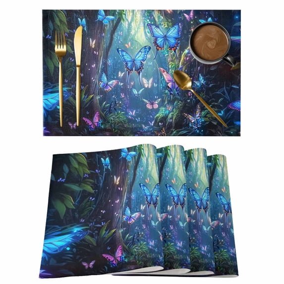 Blue Butterfly Cotton Linen Placemats Set of 8, Dream Flower Forest ...