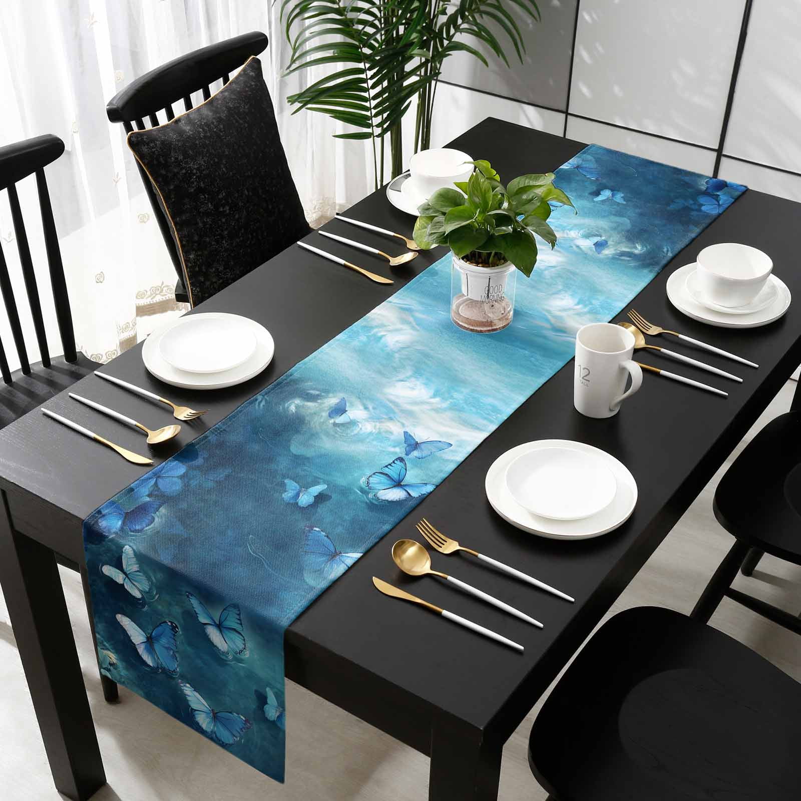 Blue Butterfly Cotton Linen Table Runner 14 x 72 inch Modern Elegant Water Ripples Non-slip ...