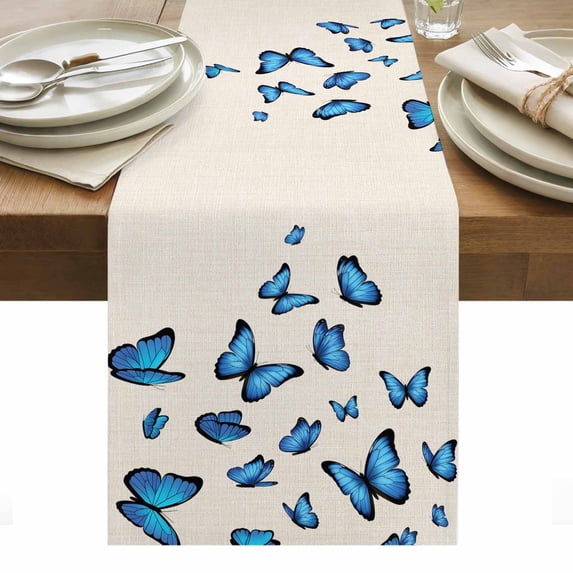 Blue Butterfly Cotton Linen Table Runner Retro Farmhouse Vintage Linen ...