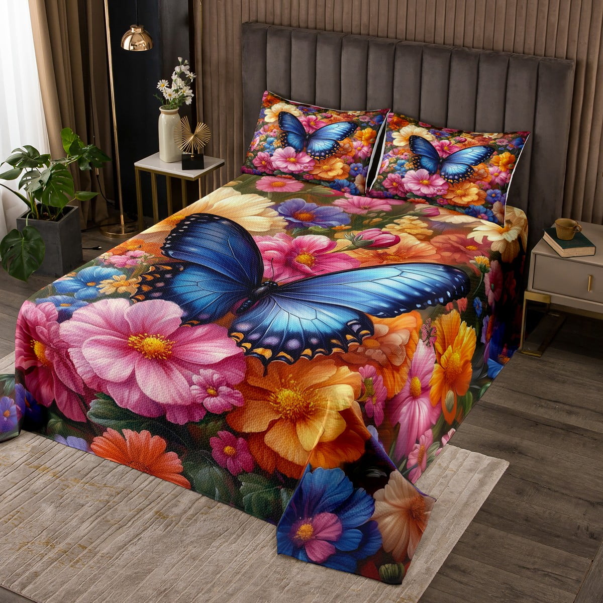 Blue Butterfly Coverlet Set Twin Size,Watercolor Daisy Blooming Flowers ...