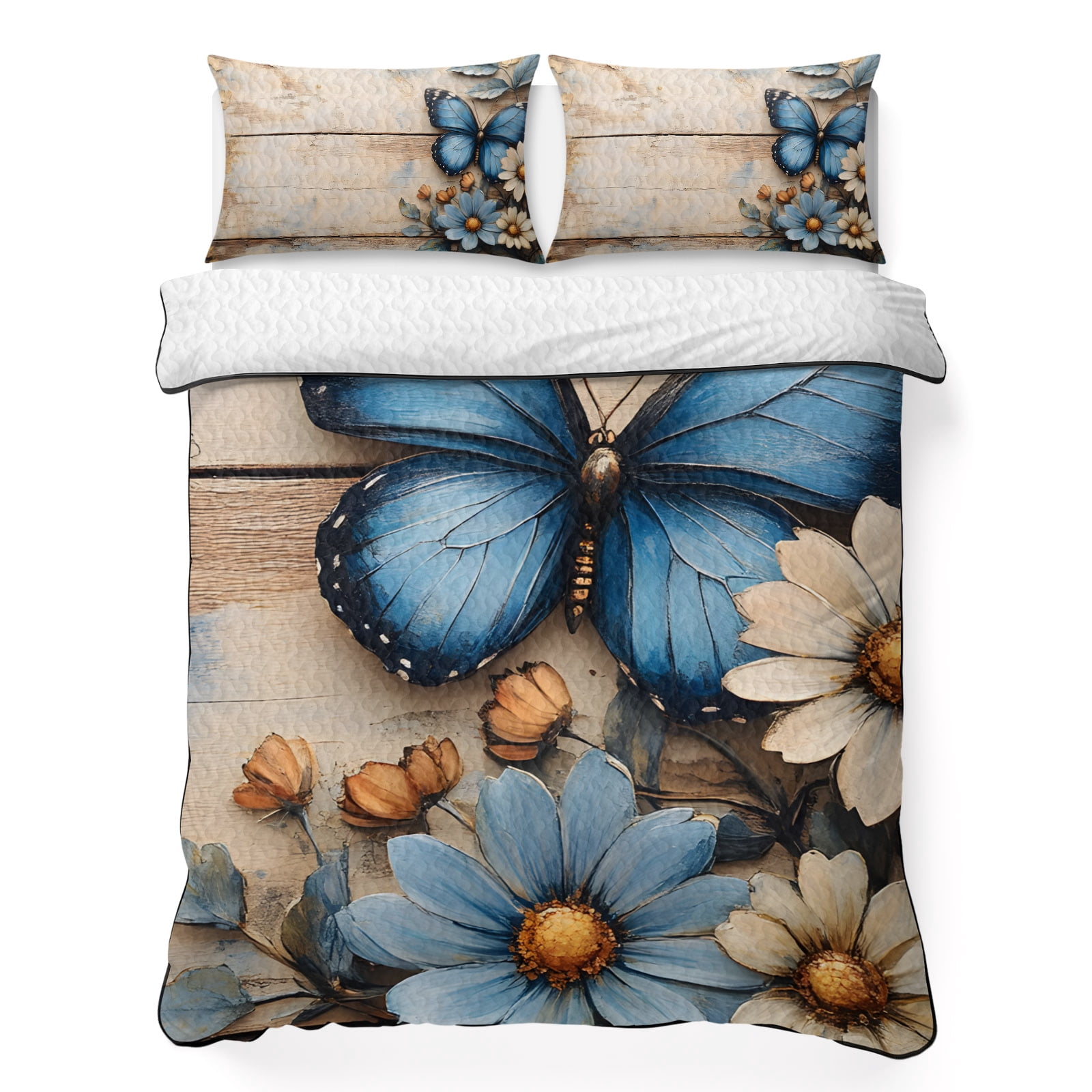 Blue Butterfly Daisy 3 Piece Quilt Bedding Set with 2 Pillow Shams ...