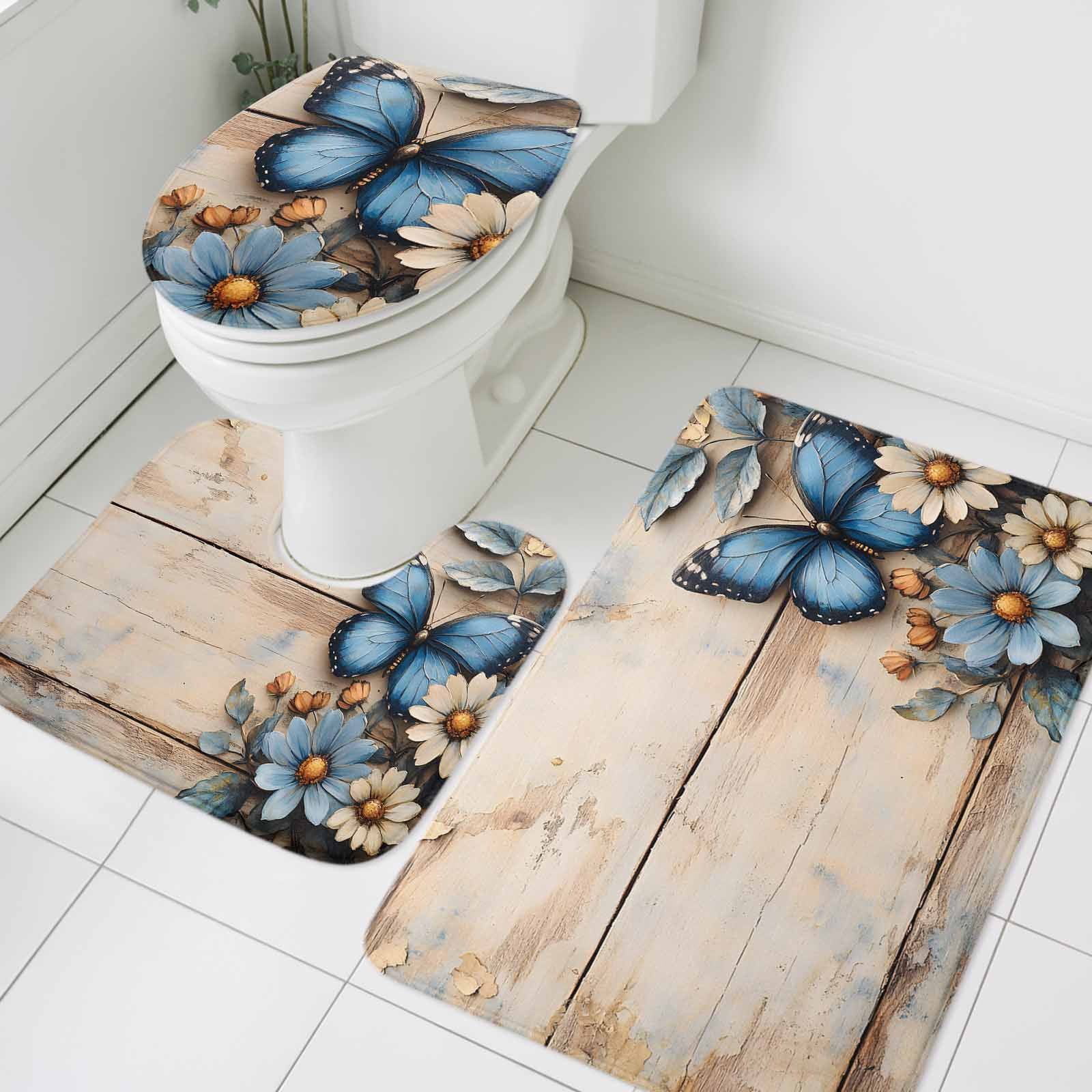 Blue Butterfly Daisy Bathroom Rugs Set Spring White Floral Flower Plant ...