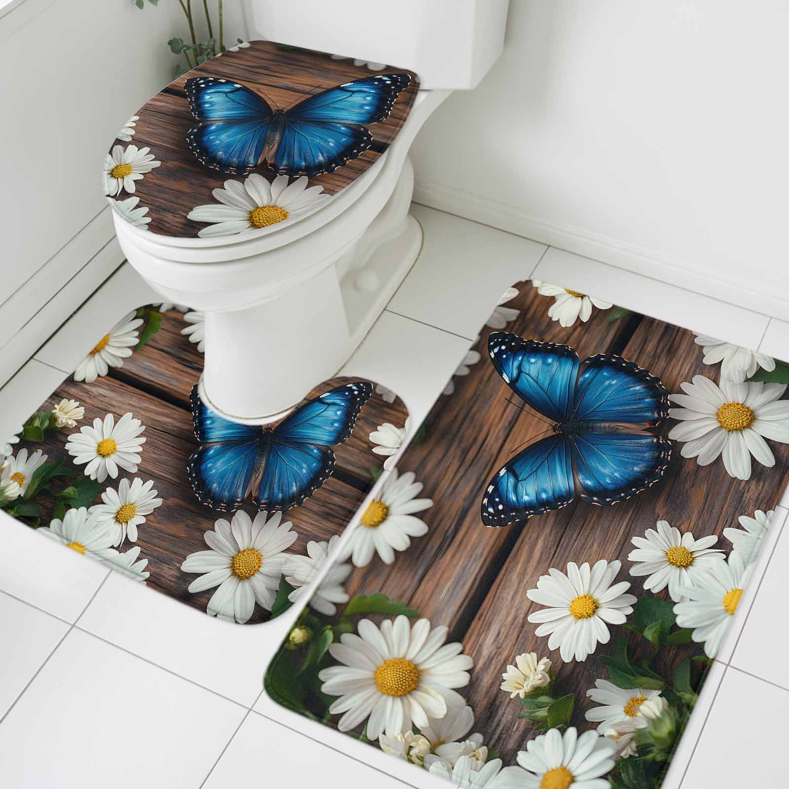 Blue Butterfly Daisy Bathroom Rugs Set Spring White Floral Flower Plant ...
