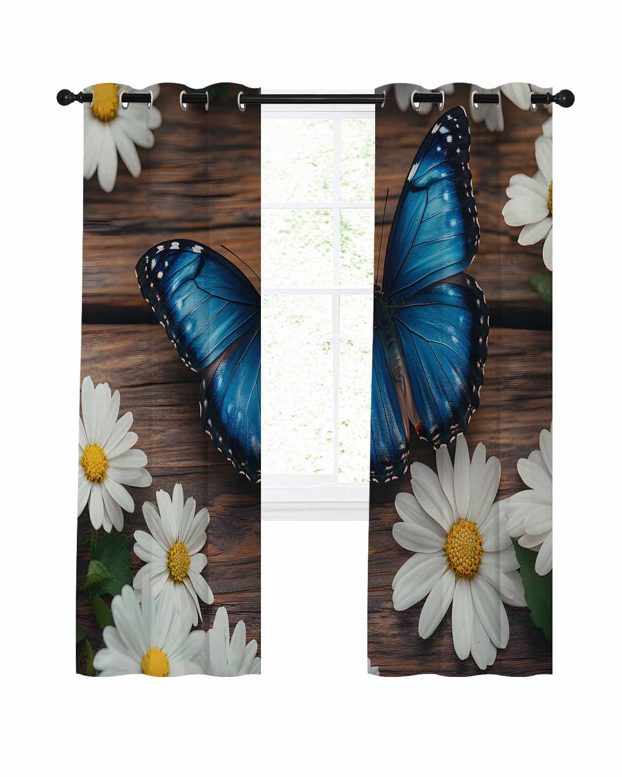 Blue Butterfly Daisy Blackout Curtains 63 Inch Length Spring White ...