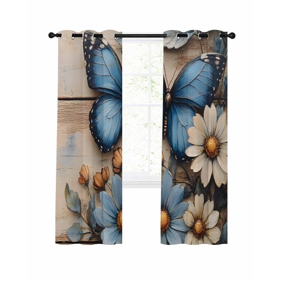 Blue Butterfly Daisy Blackout Curtains 72 Inch Length Spring White ...