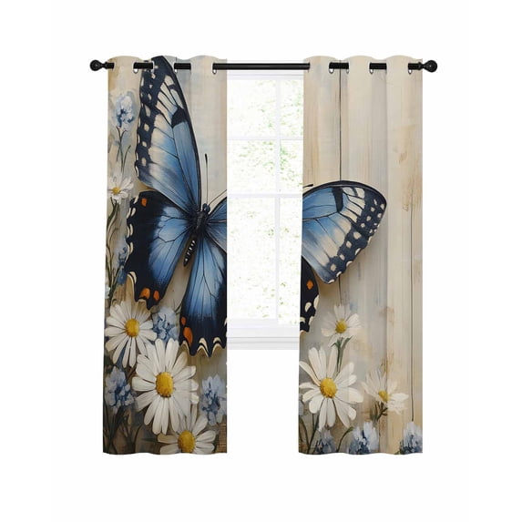 Blue Butterfly Daisy Blackout Curtains 96 Inch Length Spring White ...