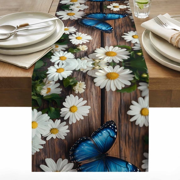 Blue Butterfly Daisy Cotton Linen Table Runner Spring White Floral ...