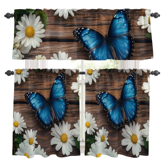 Blue Butterfly Daisy Kitchen Curtains Set for Windows, Spring White ...