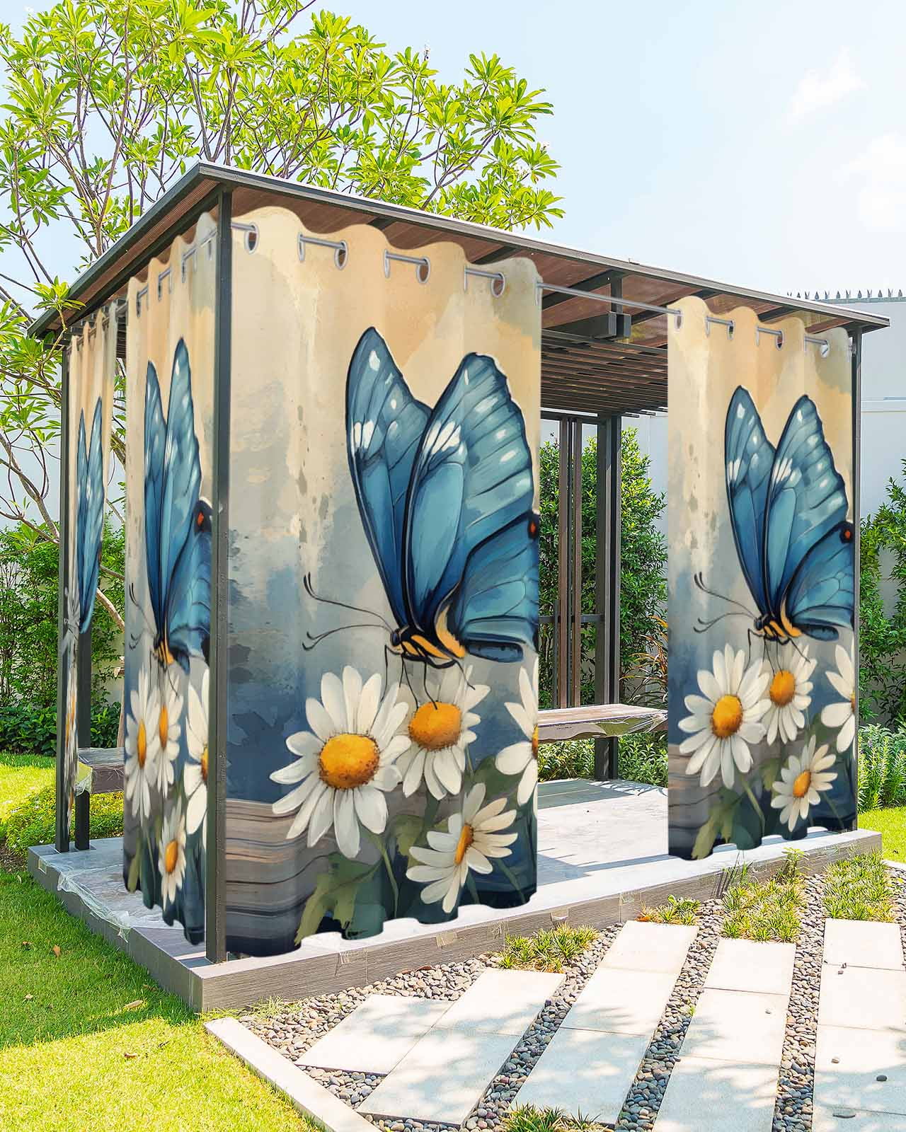 Blue Butterfly Daisy Outdoor Curtains for Patio, Spring White Floral ...