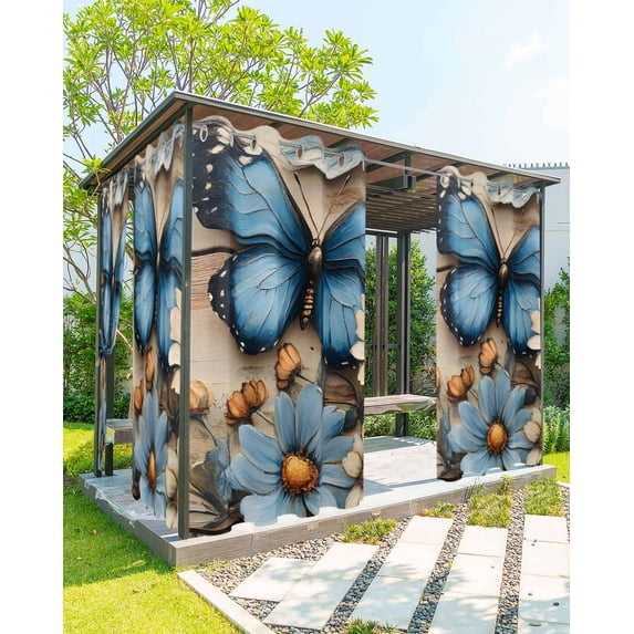 Blue Butterfly Daisy Outdoor Curtains for Patio, Spring White Floral ...