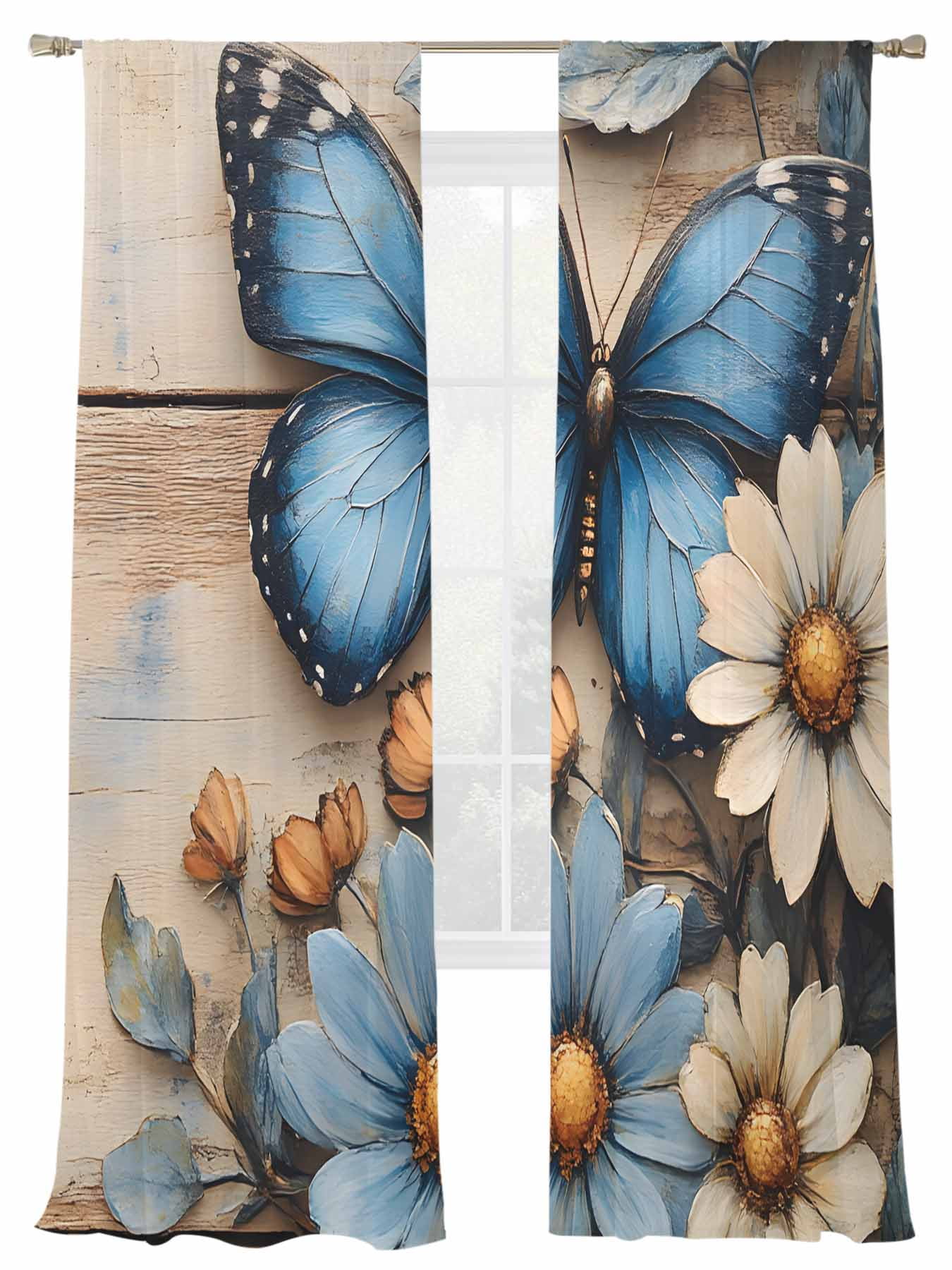 Blue Butterfly Daisy Sheer Curtains for Living Room Bedroom, Spring ...