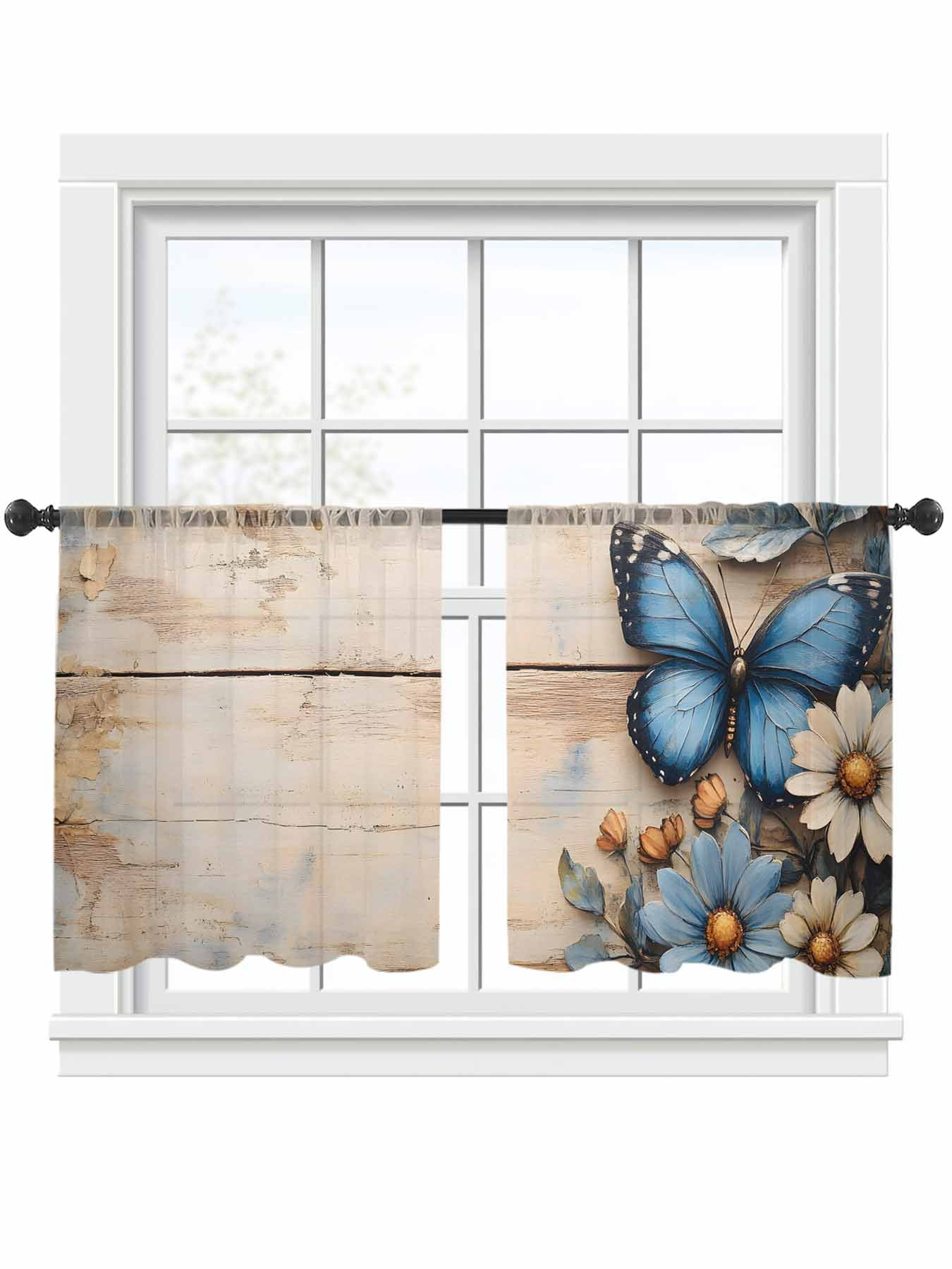 Blue Butterfly Daisy Sheer Curtains for Living Room Bedroom, Spring ...