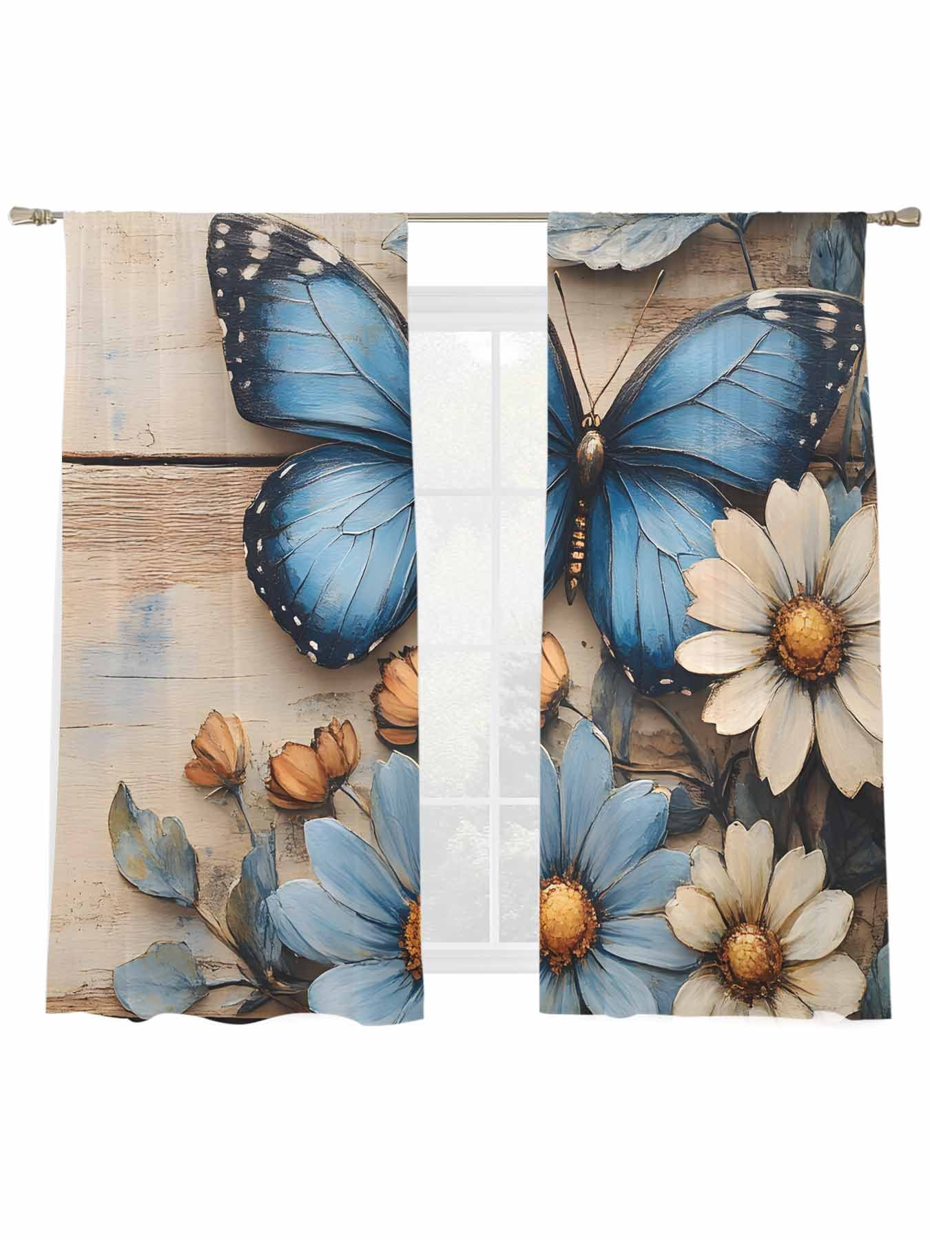 Blue Butterfly Daisy Sheer Curtains for Living Room Bedroom, Spring ...