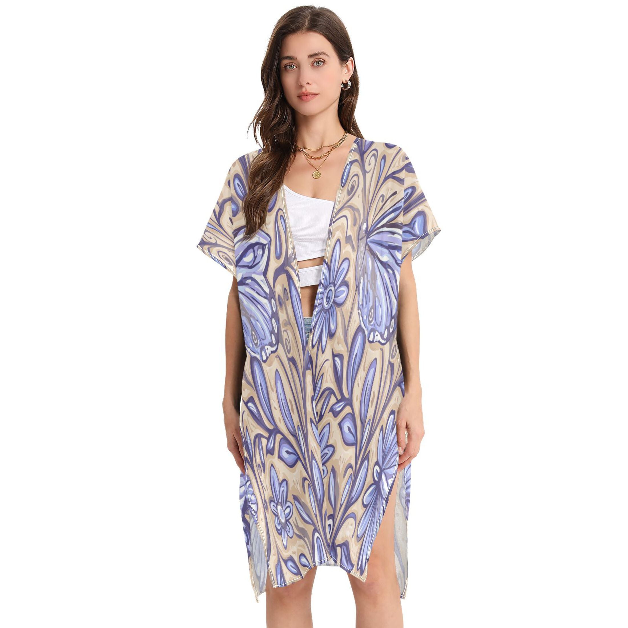 Blue Butterfly Design Women's Swimwear Cover Up Summer Cardigan Beach ...