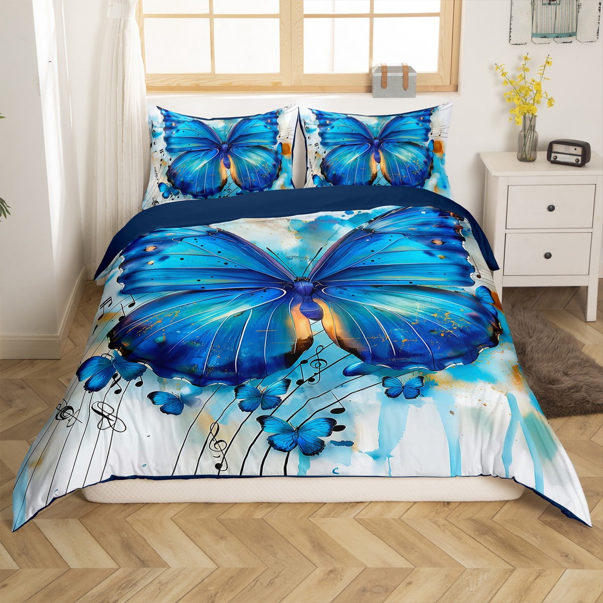 Blue Butterfly Duvet Cover 2 Pcs Romantic Themed Bedding Set Twin Size ...