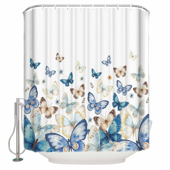 Blue Butterfly Farmhouse Bathroom Shower Curtains with 12 Hooks ...