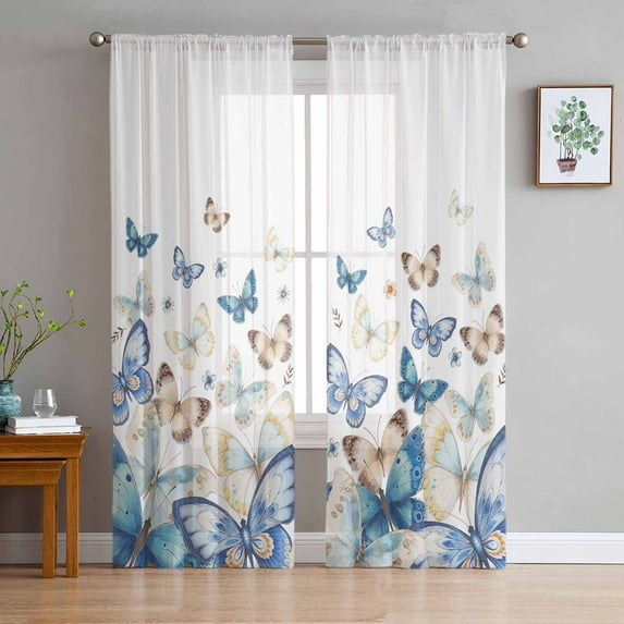 Blue Butterfly Farmhouse Sheer Curtains 96 Inches Long 2 Panels Set ...