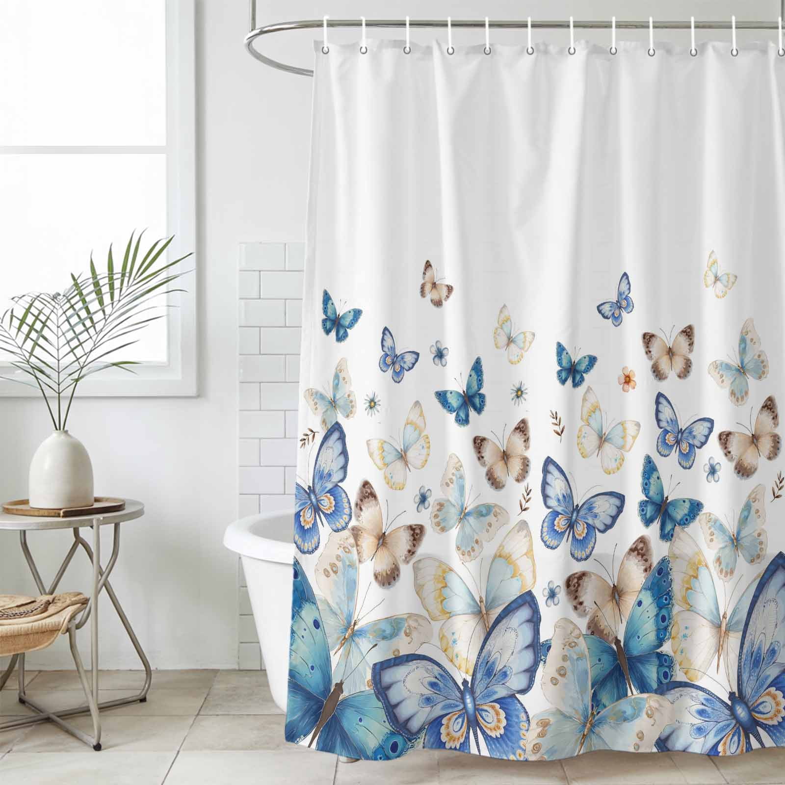 Blue Butterfly Farmhouse Waterproof Fabric Shower Curtain,Spring ...