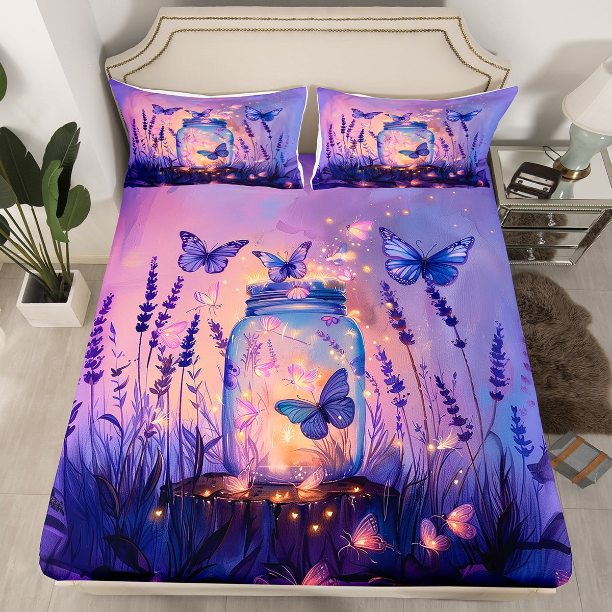 Blue Butterfly Fitted Sheet Boho Floral Lavender Flowers Queen Bed ...