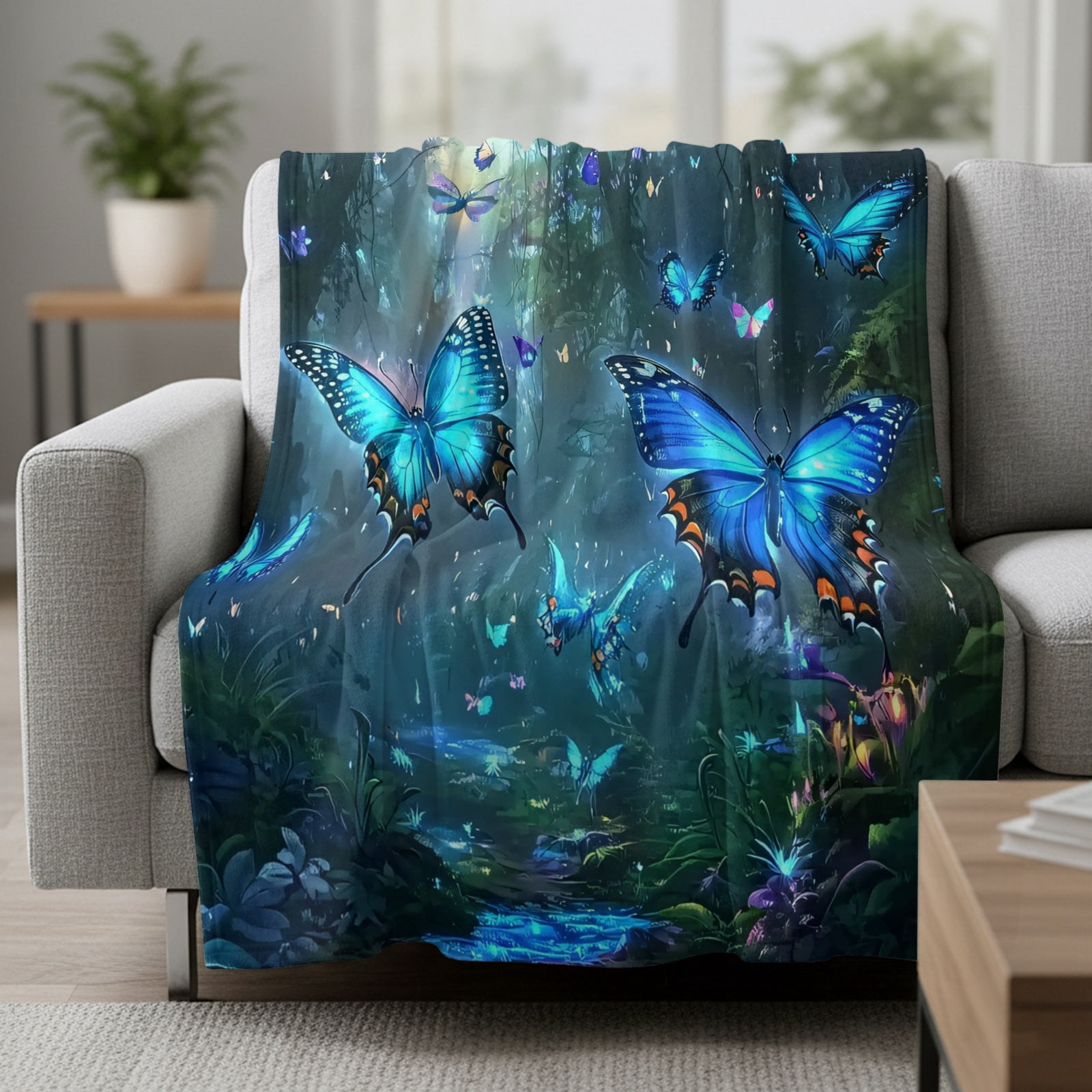 Blue Butterfly Fleece Throw Blanket Shiny Dream Flower Forest Nature ...