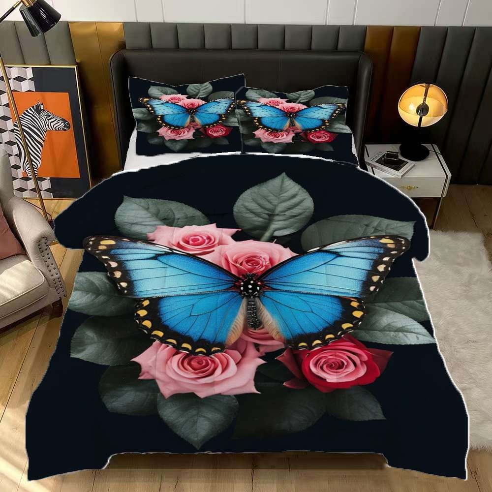 Blue Butterfly Floral Arrangement Comforter Set Queen Size Bedding Set For Travl Bedroom Decor ...