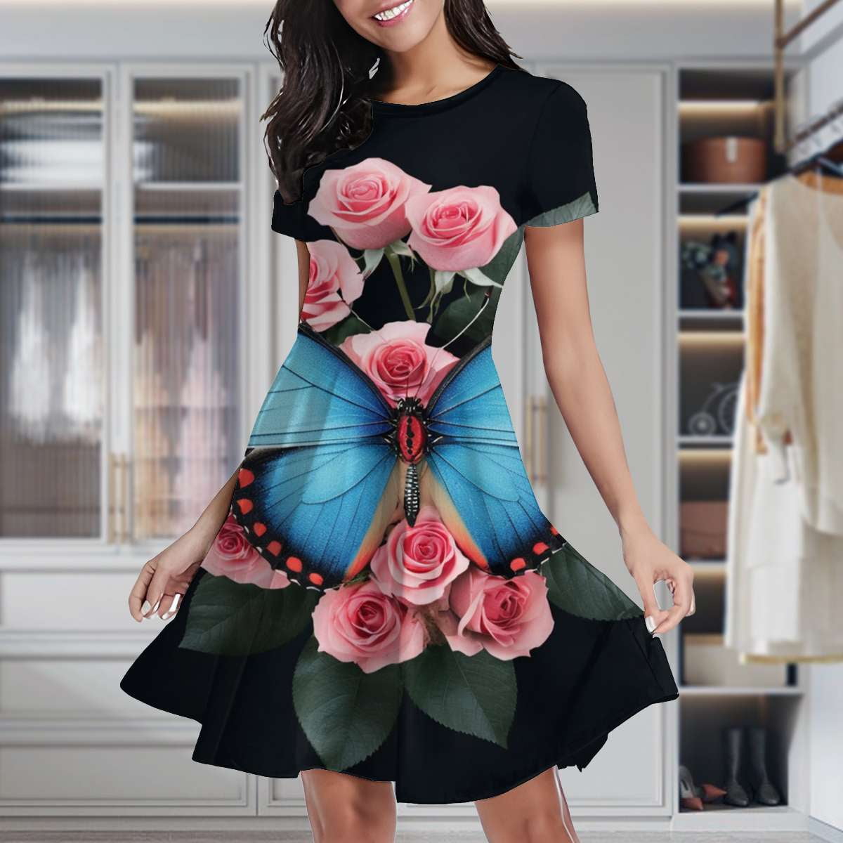 Blue Butterfly Floral Arrangement Women's Classic Swing Skater Dress ...