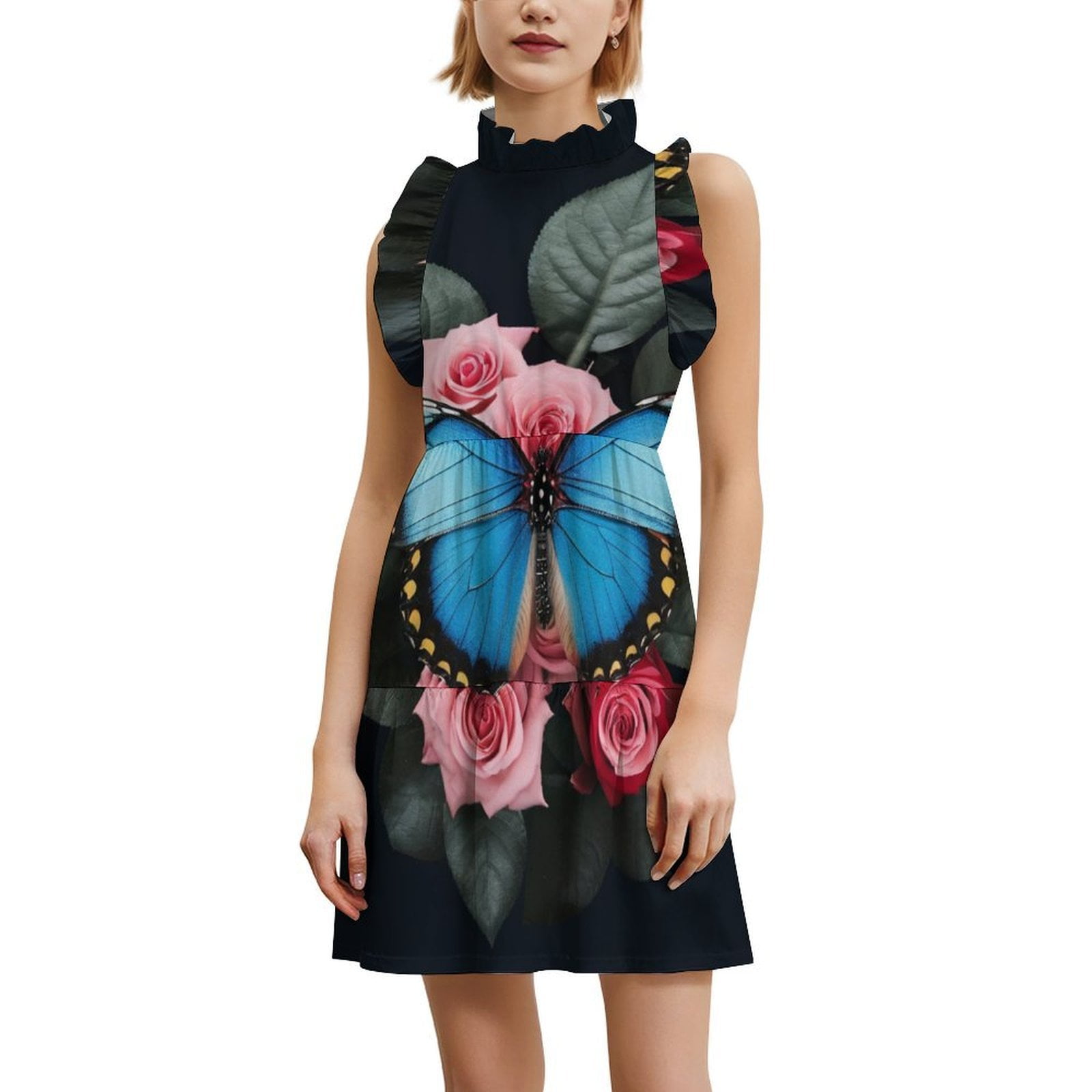 Blue Butterfly Floral Arrangement Women's Fashion Casual Dress Summer ...
