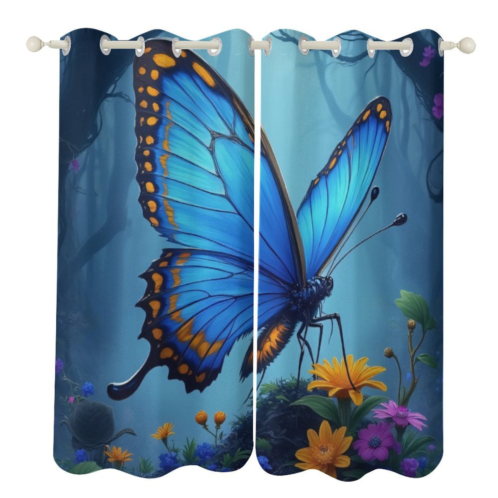 Blue Butterfly Floral Fantasy Blackout Window Curtains for Bedroom ...