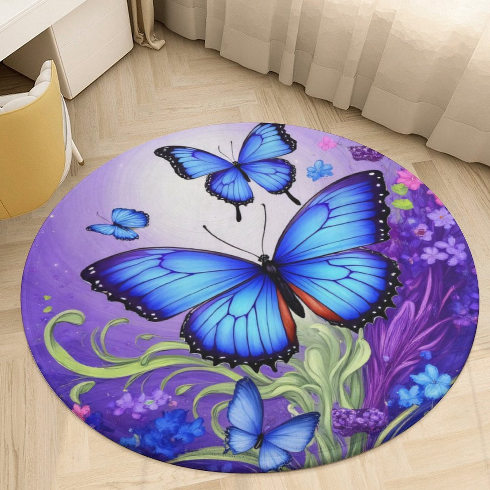 Blue Butterfly Floral Garden Round Area Rugs for Bedroom Living Room ...