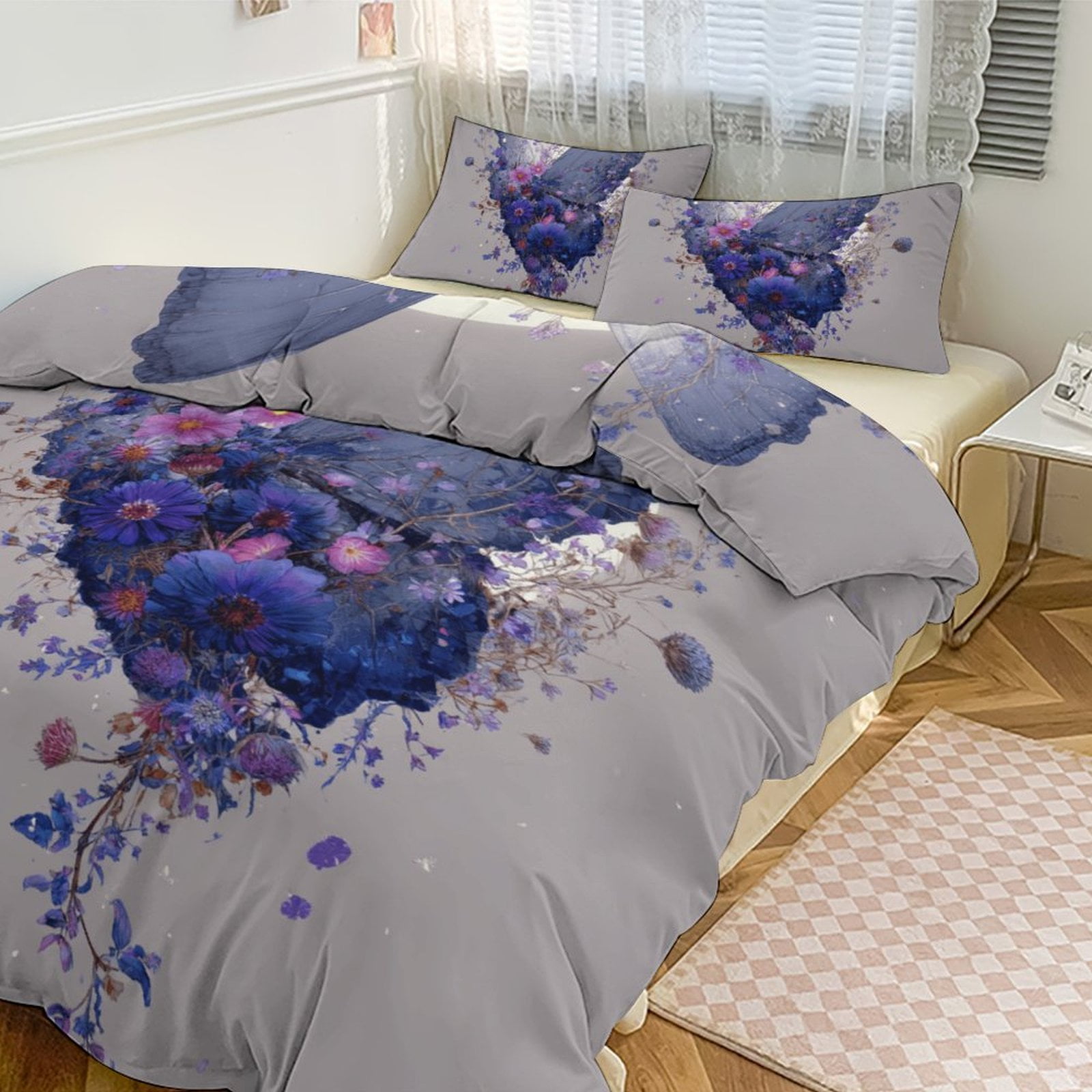 Blue Butterfly Floral Moon Art Design Bedding Set with Zipper Closure ...