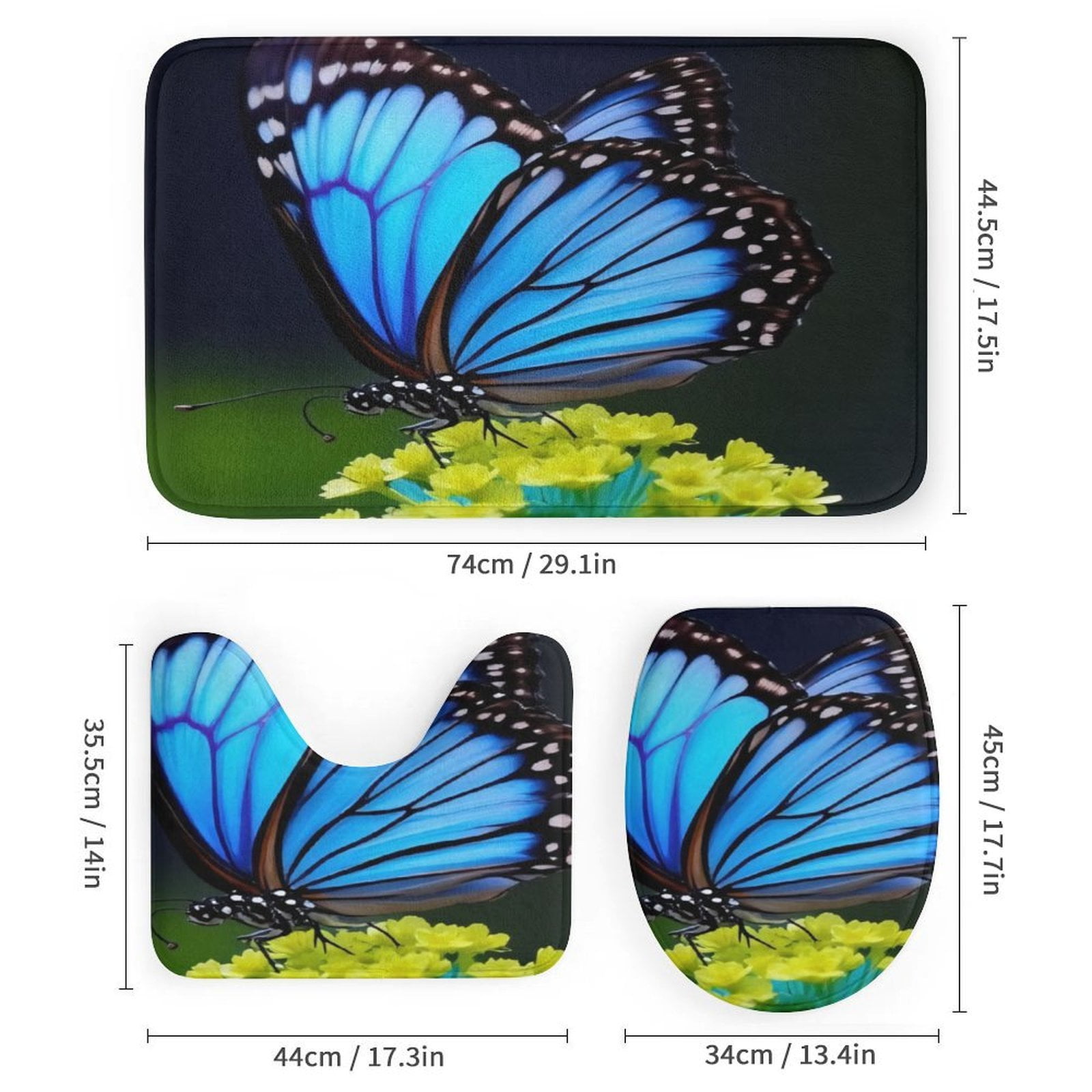Blue Butterfly Floral Print-1 Bathroom Mats Sets 3 Piece, Bath Mat ...