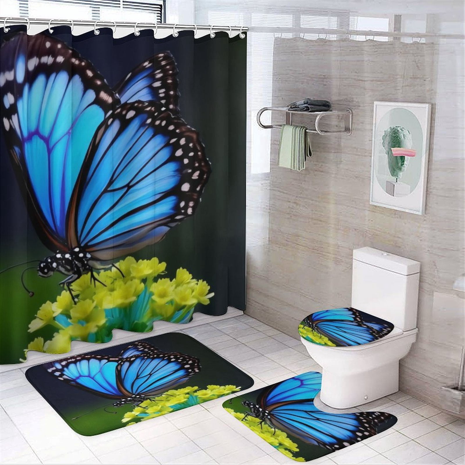 Blue Butterfly Floral Print-1 Shower Curtain Sets Non-Slip Rugs Bath ...