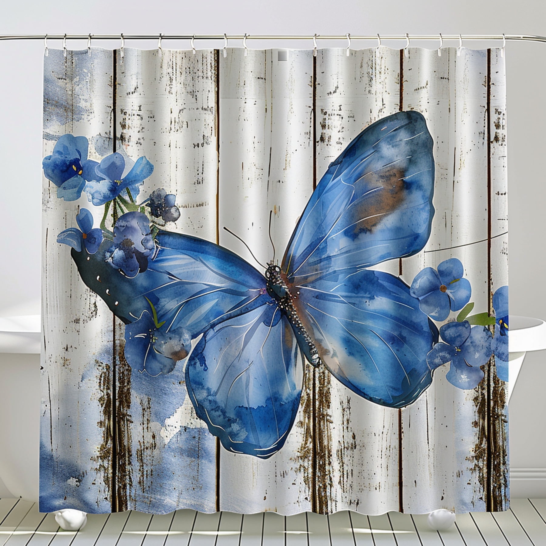 Blue Butterfly Floral Print Shower Curtain with Antique Feel and Retro ...