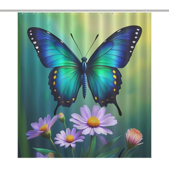 Blue Butterfly Floral Print Shower Curtain Bathtub Decor Bathroom ...